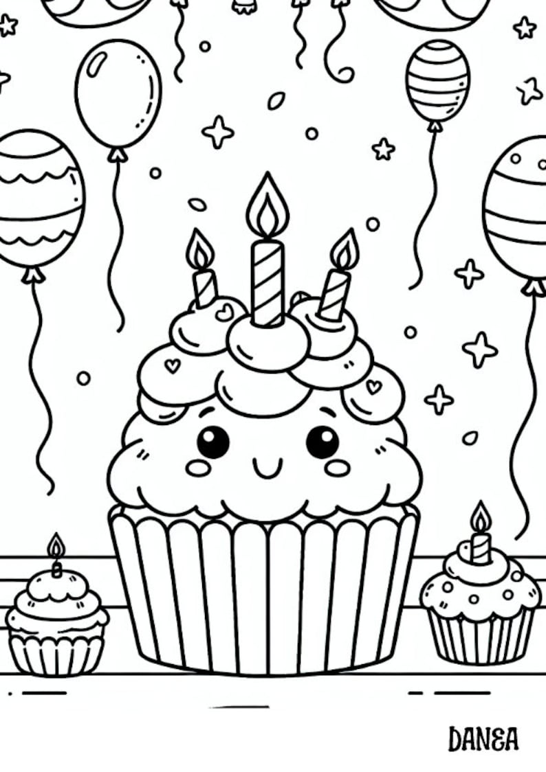 Birthday Coloring Page | Cupcake and Balloons Printable Coloring Page ...