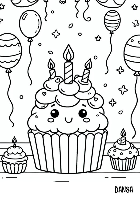 Birthday Coloring Page | Cupcake and Balloons Printable Coloring Page ...