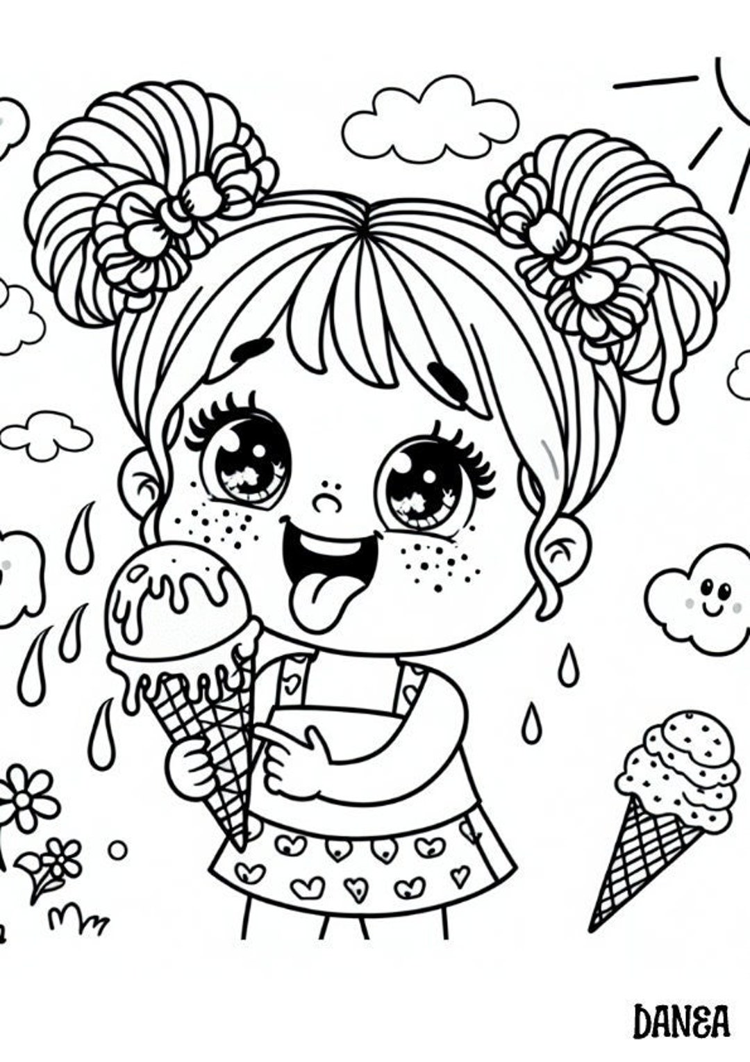 Girl Eating Ice Cream Coloring Page | Kids Printable Coloring Page - Etsy