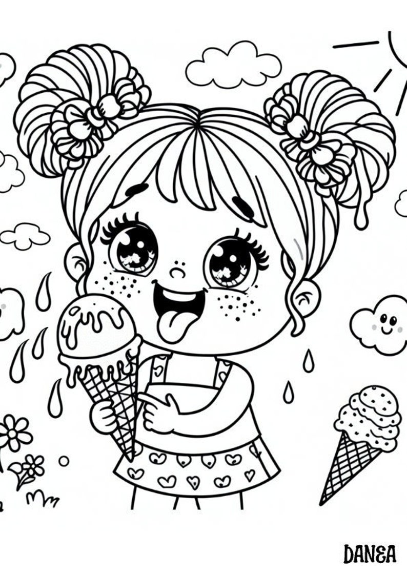 Girl Eating Ice Cream Coloring Page | Kids Printable Coloring Page - Etsy