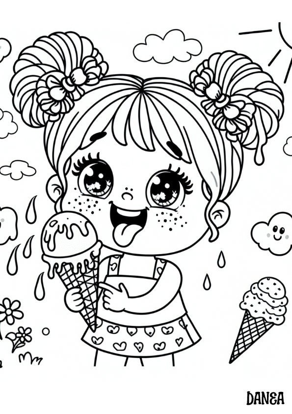 Girl Eating Ice Cream Coloring Page | Kids Printable Coloring Page - Etsy