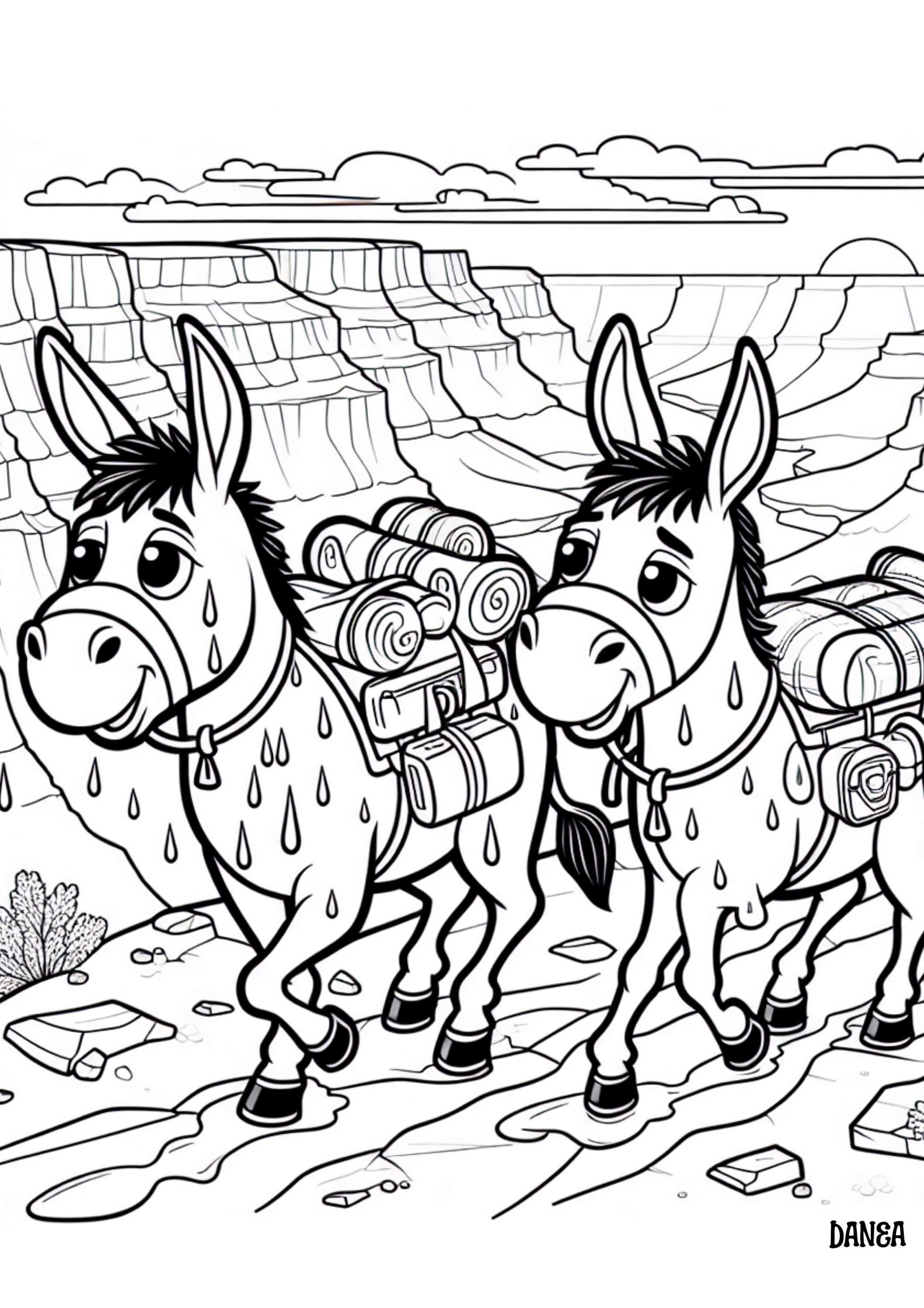Mules Hiking the Grand Canyon Coloring Page | Kids Mule Printable ...