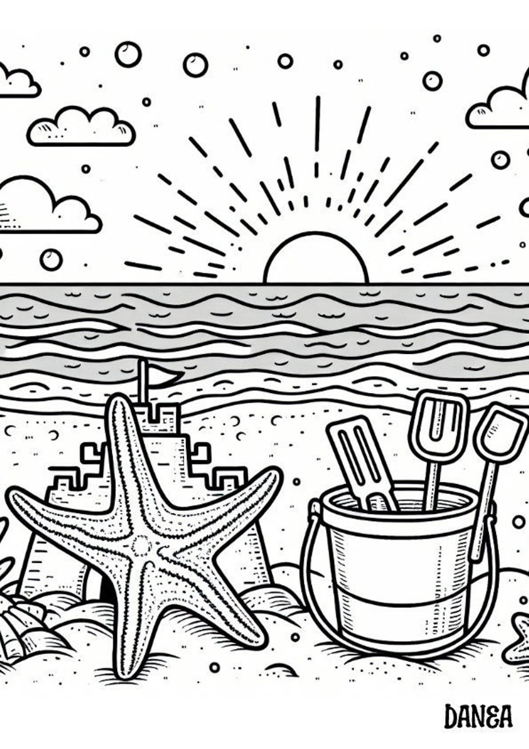 Sand Castle and Starfish Coloring Page | Kids Printable Coloring Page ...