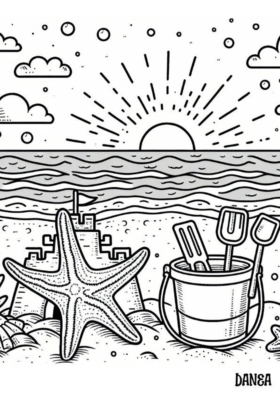 Sand Castle and Starfish Coloring Page | Kids Printable Coloring Page ...