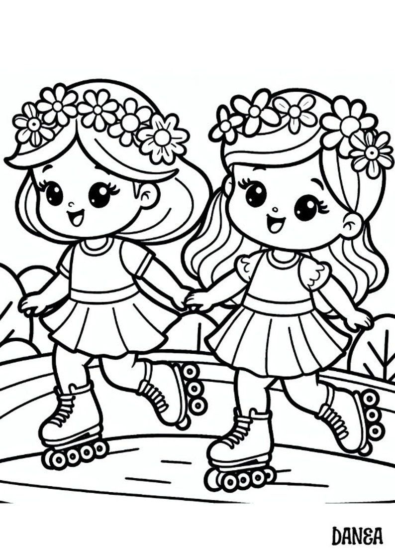 Girls Rollerblading Coloring Page | Kids Printable Coloring Page - Etsy