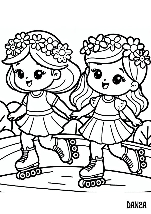 Girls Rollerblading Coloring Page | Kids Printable Coloring Page - Etsy
