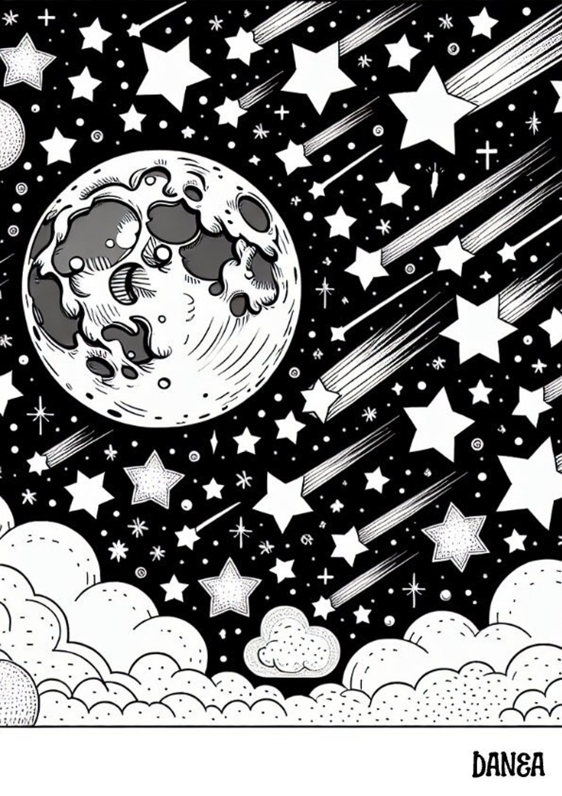 Moon and Shooting Stars Coloring Page | Kids Printable Coloring Page - Etsy