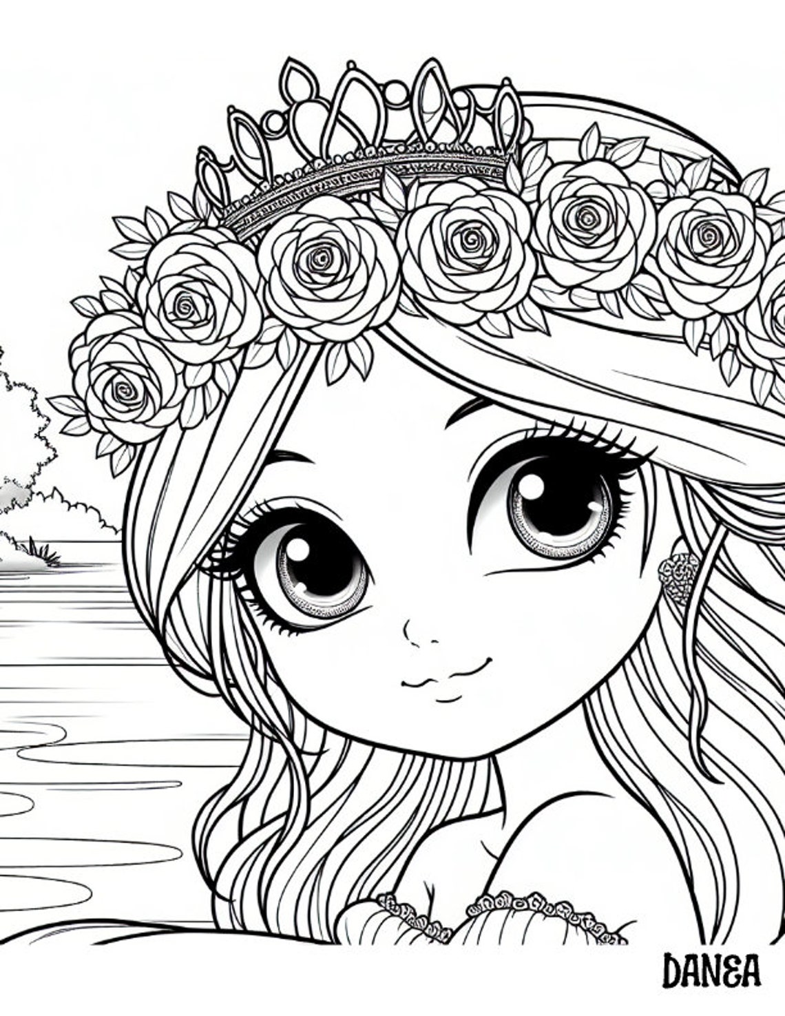 Rose Crown Princess Coloring Page | Kids Printable Coloring Page - Etsy