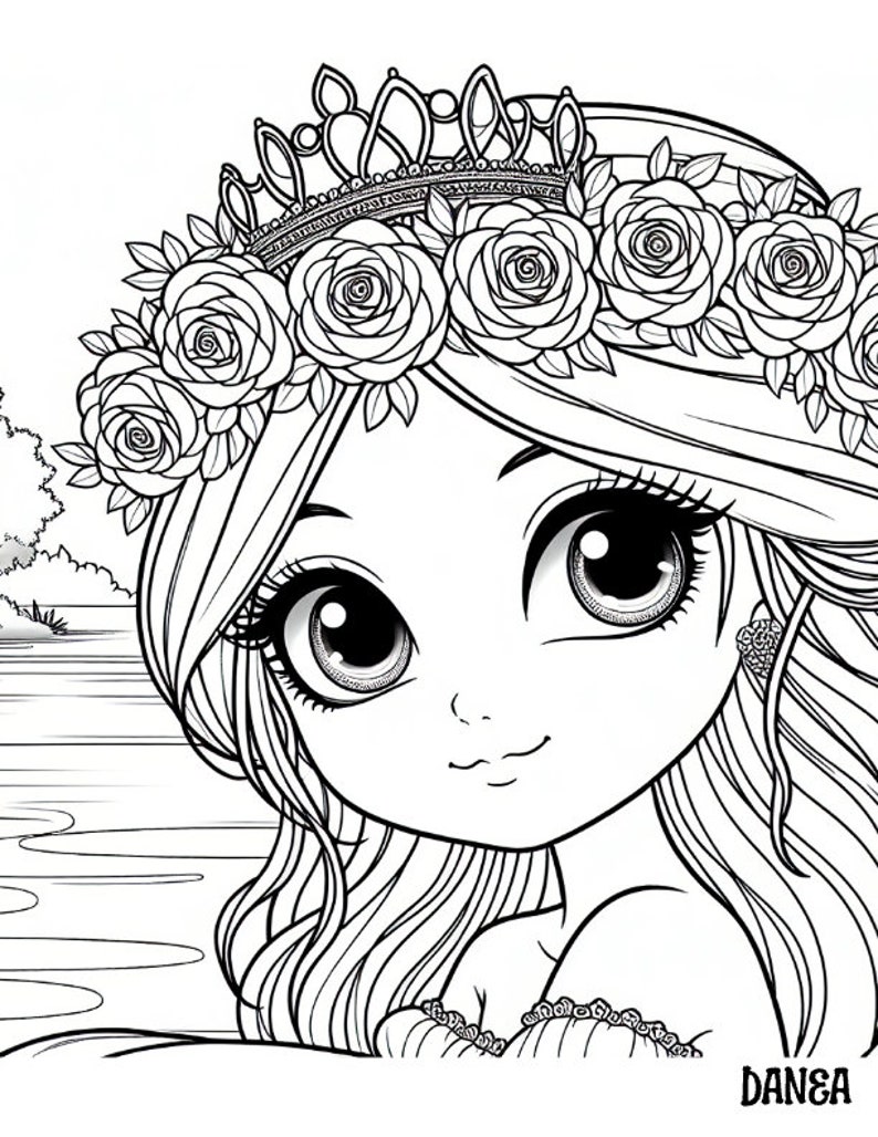 Rose Crown Princess Coloring Page | Kids Printable Coloring Page - Etsy