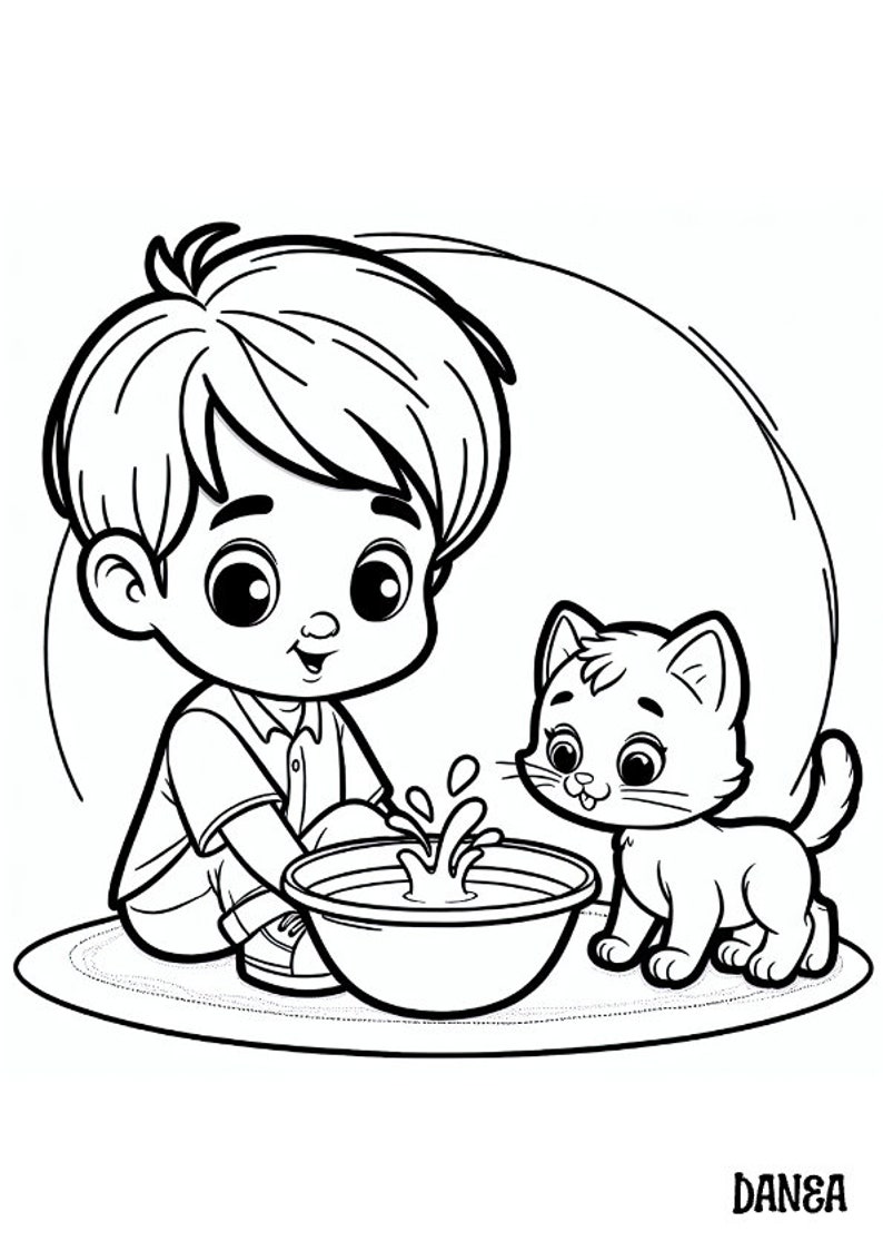 Boy and Kitten Coloring Page | Kids Printable Coloring Page - Etsy