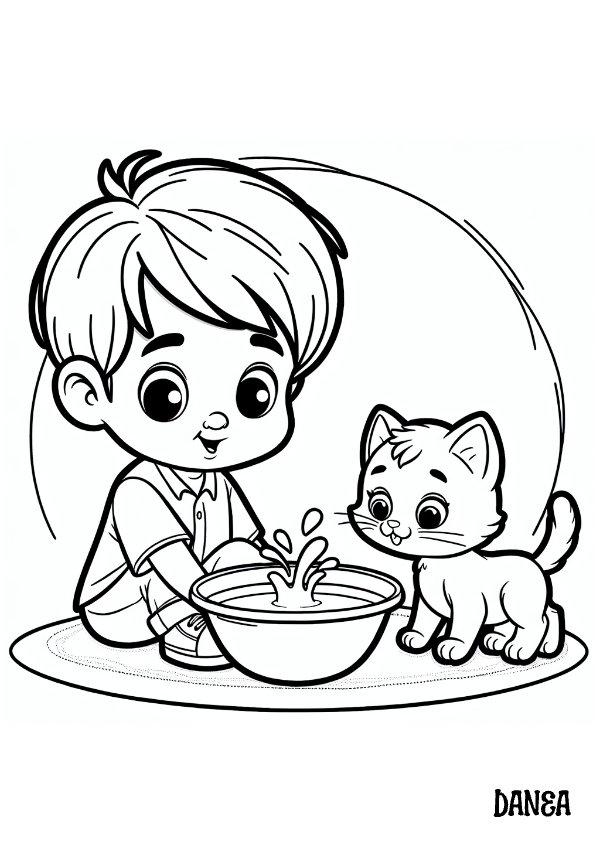 Boy and Kitten Coloring Page | Kids Printable Coloring Page - Etsy