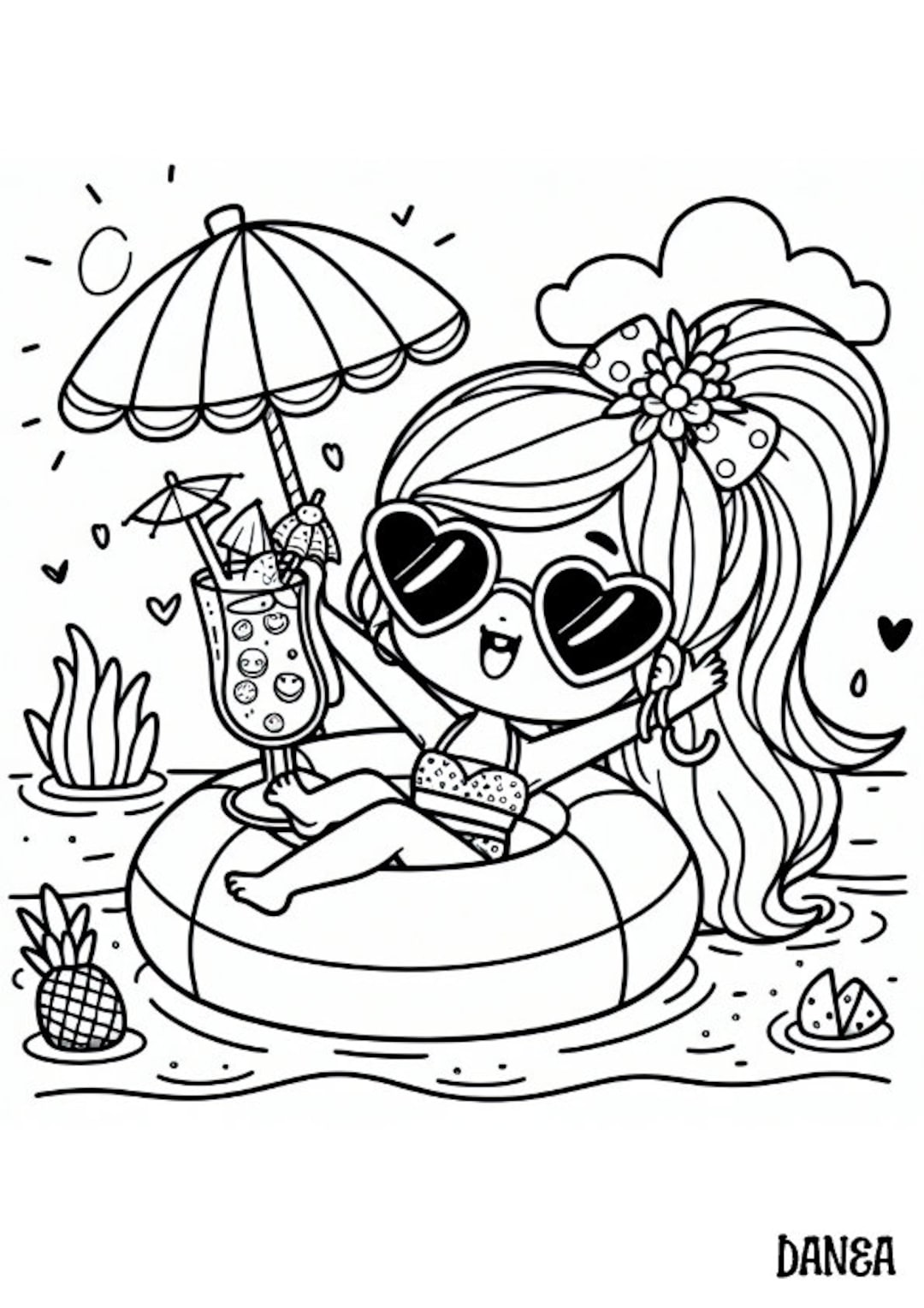 Girl Floating Coloring Page | Kids Printable Coloring Page | Summer ...