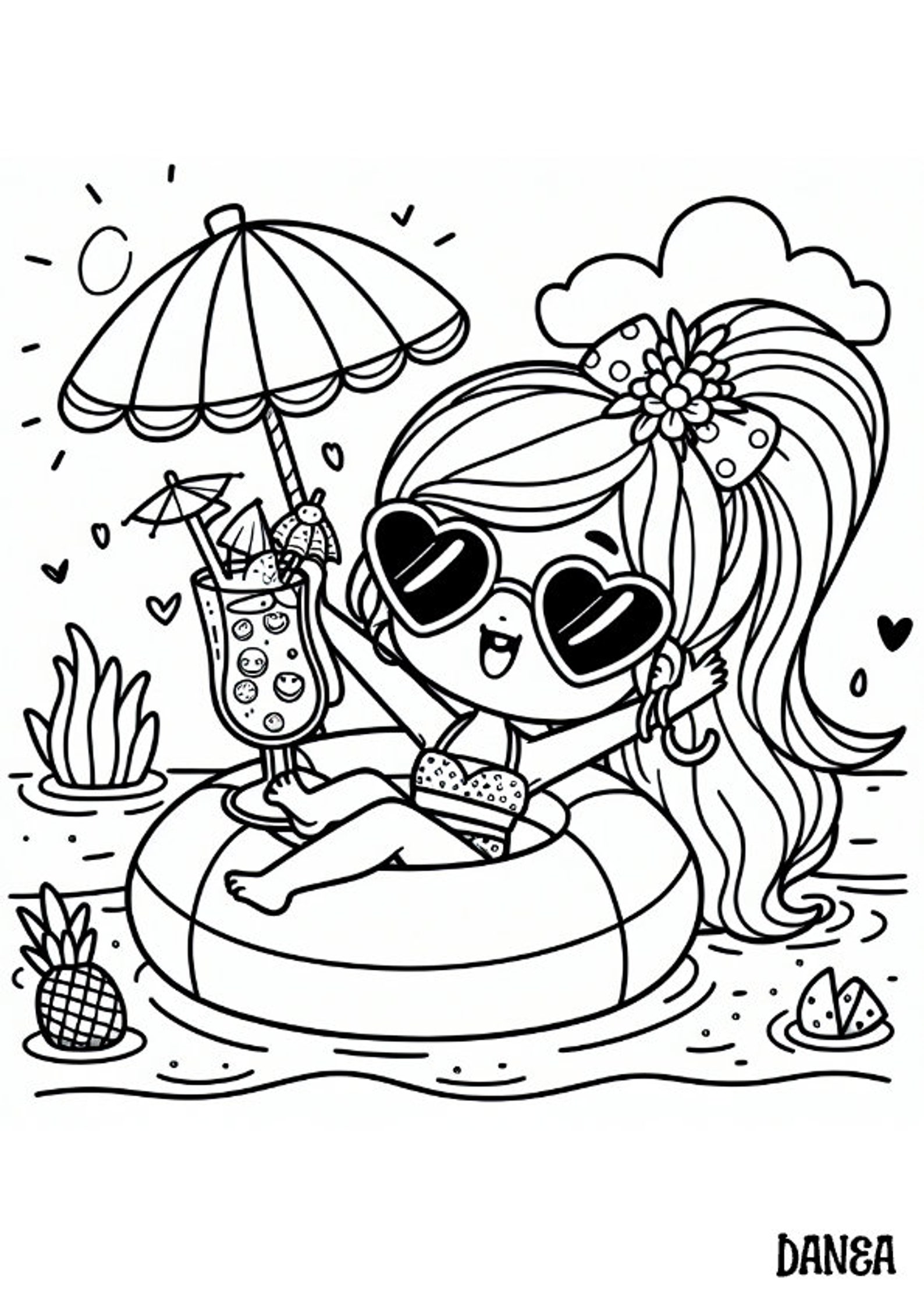 Girl Floating Coloring Page | Kids Printable Coloring Page | Summer ...