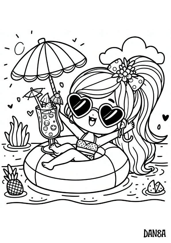 Girl Floating Coloring Page | Kids Printable Coloring Page | Summer ...