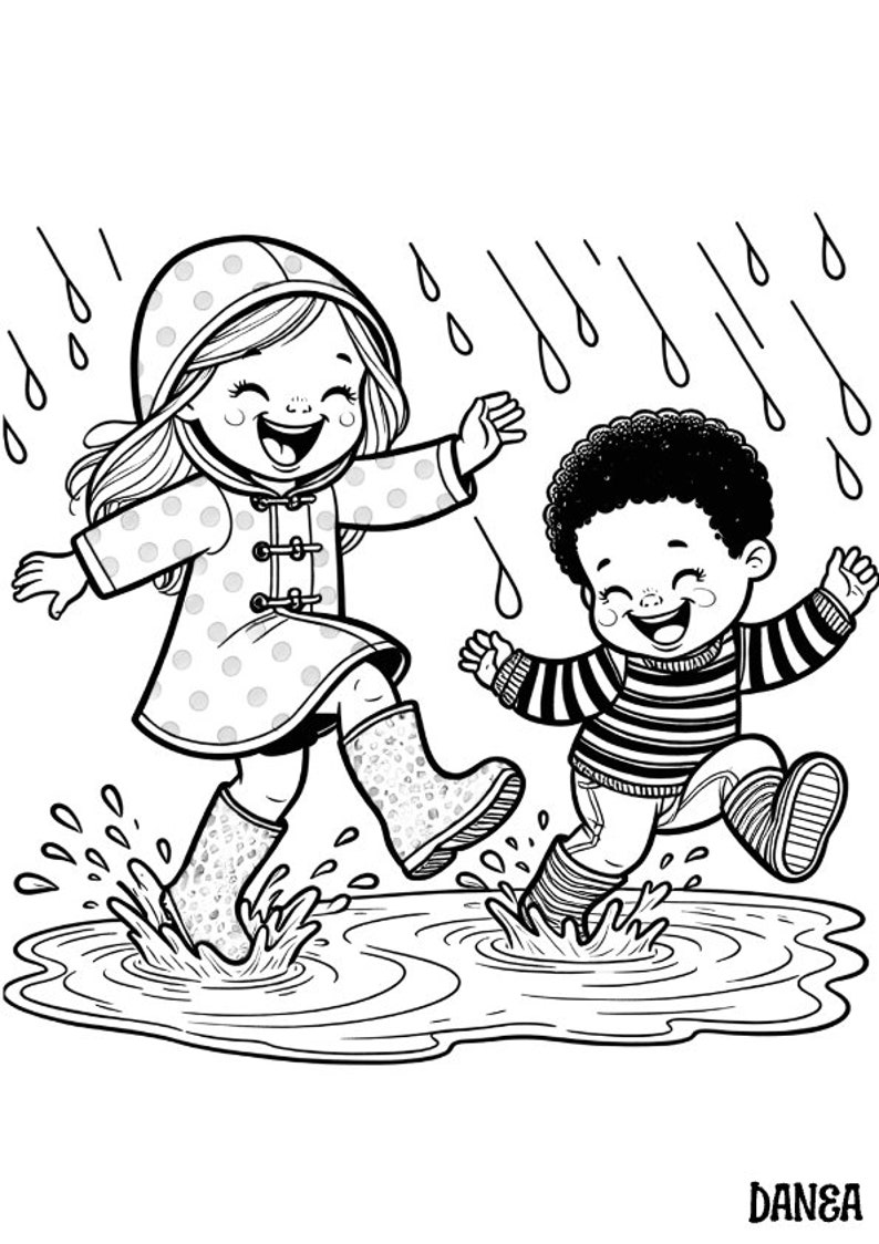Kids Dancing in Puddles Coloring Page | Kids Printable Coloring Page ...