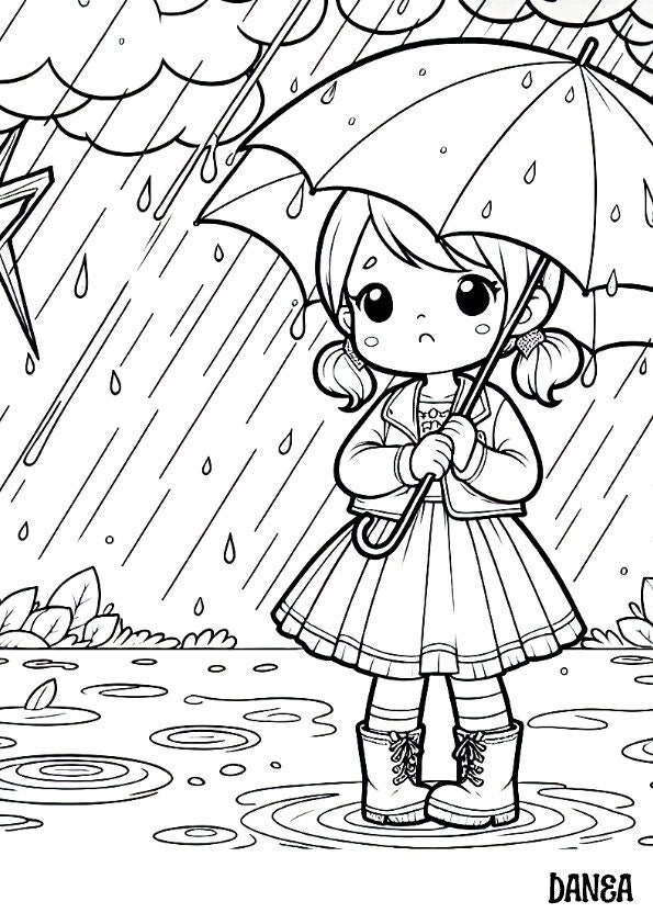 Rainy Day Coloring Page | Kids Printable Coloring Page | Girl Stuck in ...