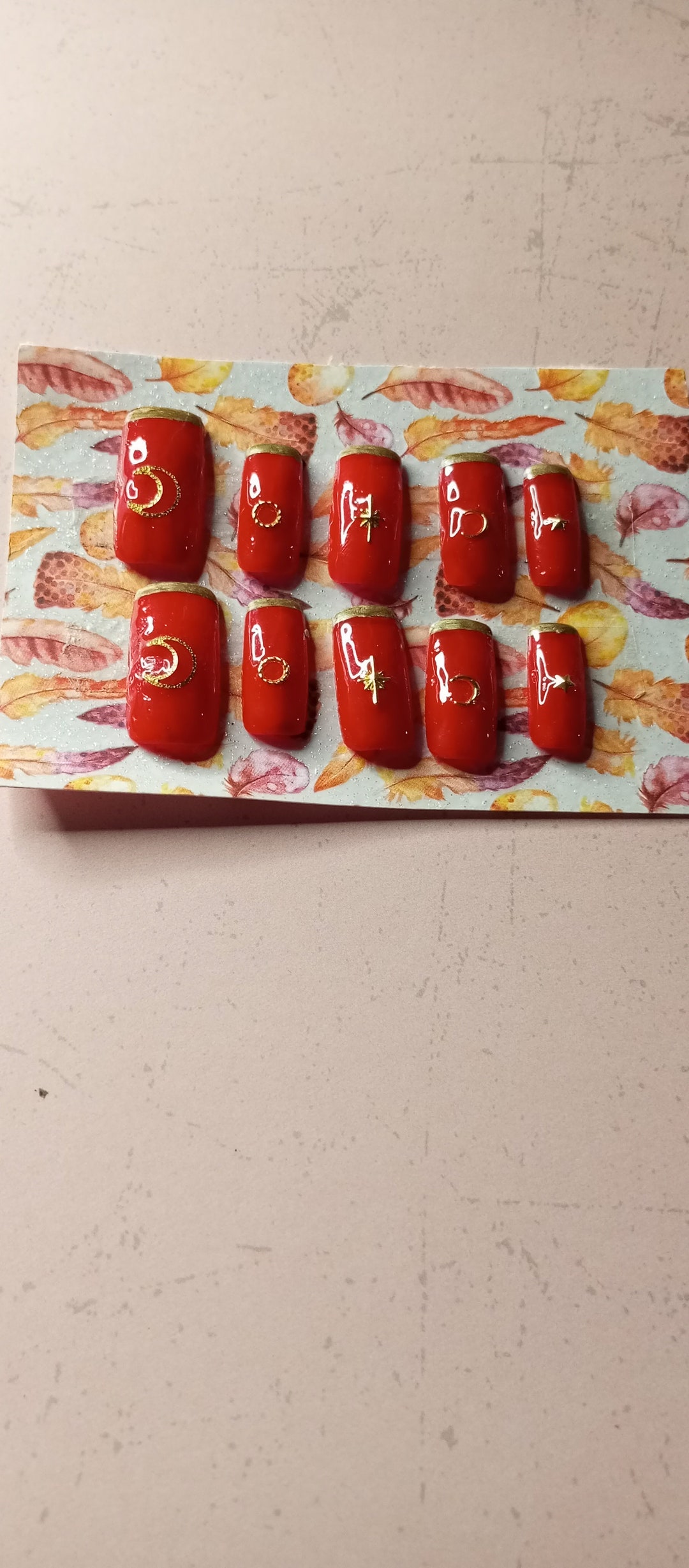 Medium Square Fancy Red Moon Nails - Etsy