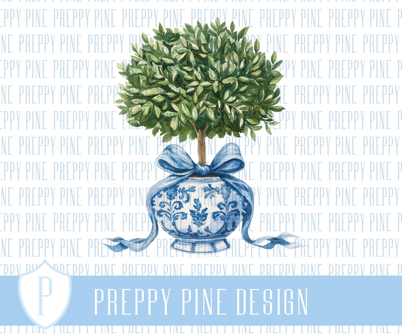 Grandmillennial Chinoiserie Topiary, Watercolor Boxwood Clipart, Preppy ...