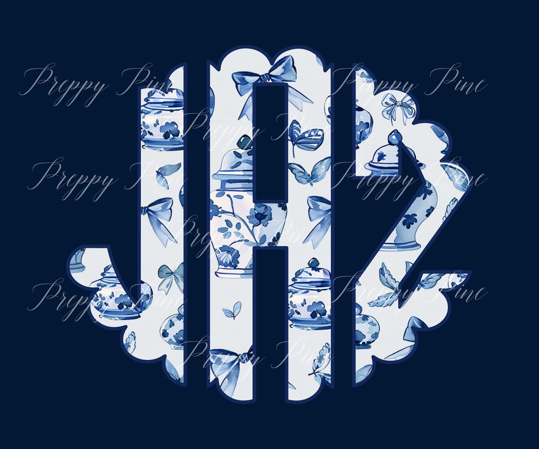 Grandmillenial Blue Chinoiserie Gingerjar Scalloped Monogram, Full ...
