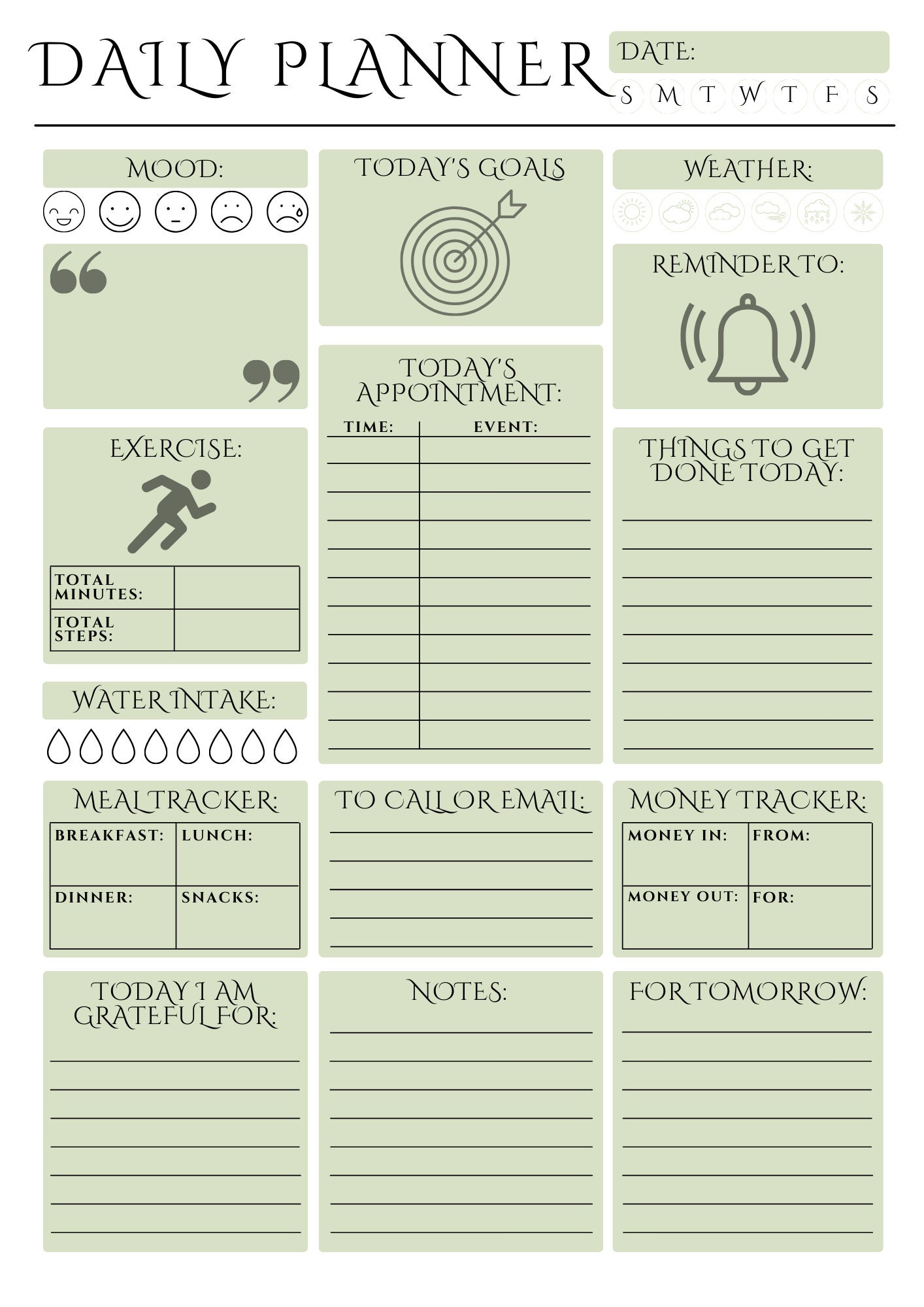 Daily Planner for Organisation and Time Management in Green - Etsy