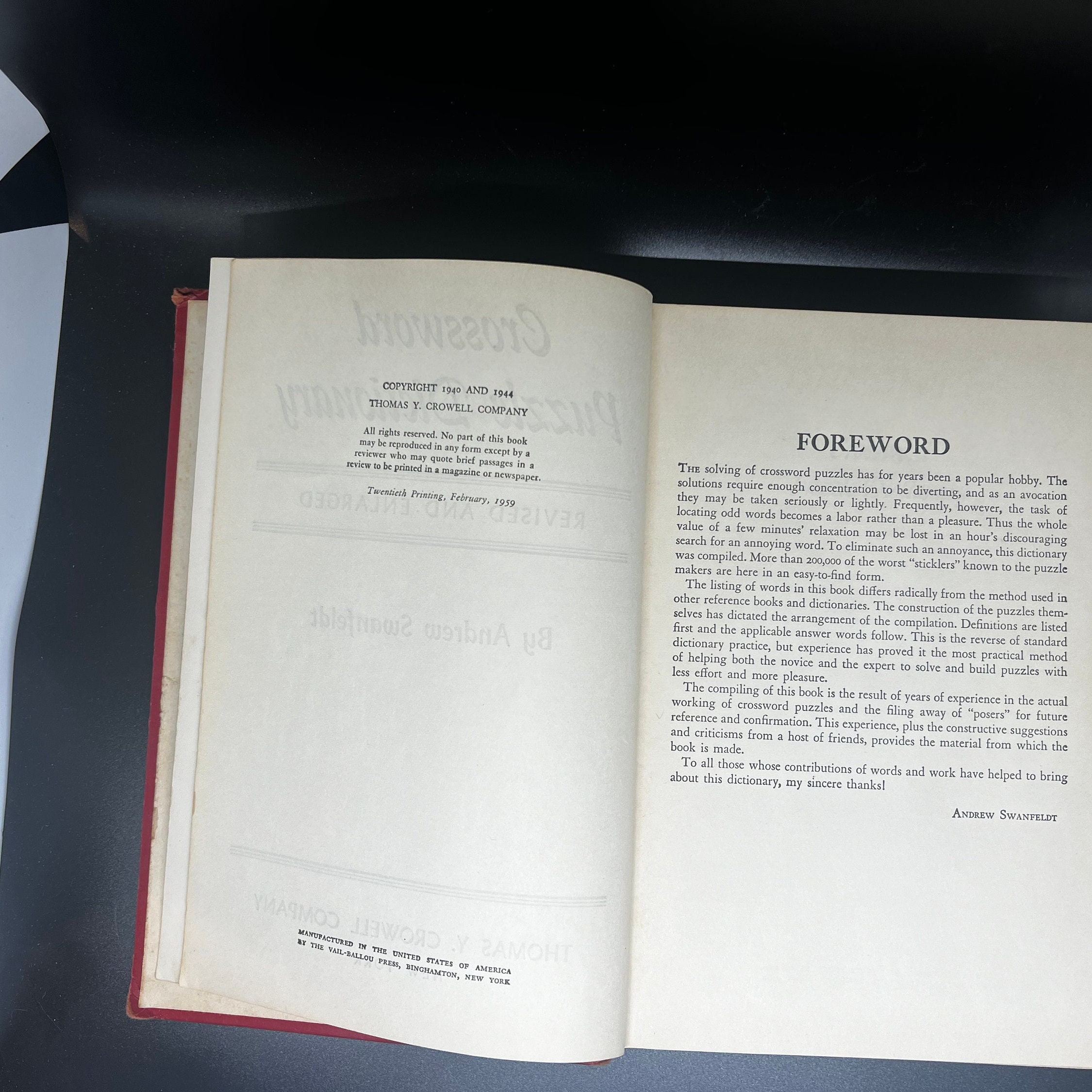 Crossword Puzzle Dictionary by Andrew Swanfeldt 1959 Vintage Book - Etsy