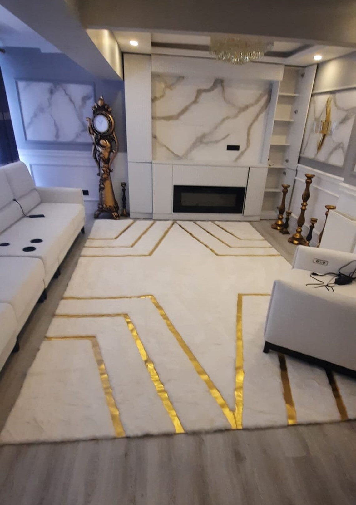 Cream Luxury Fur Carpet,turkish Carpet With Gold Leather,faux Fur ...