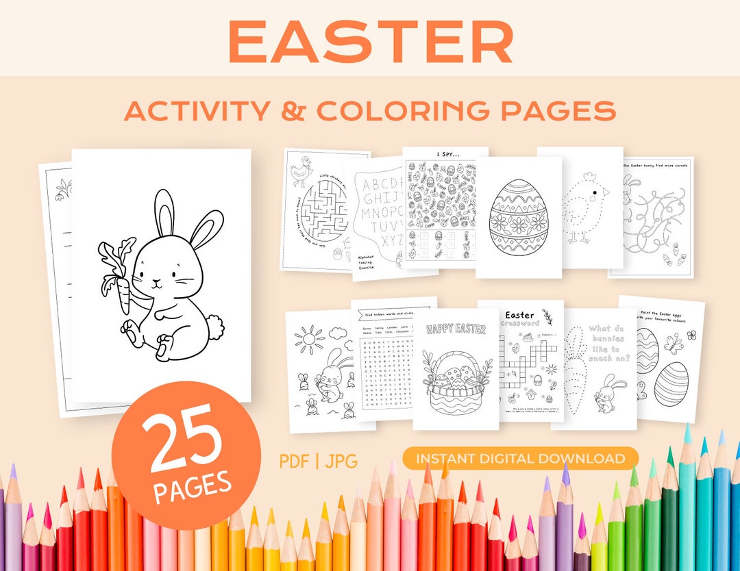 25 Easter Coloring Pages, Easter Activity Bundle for Kids, Kindergarten ...