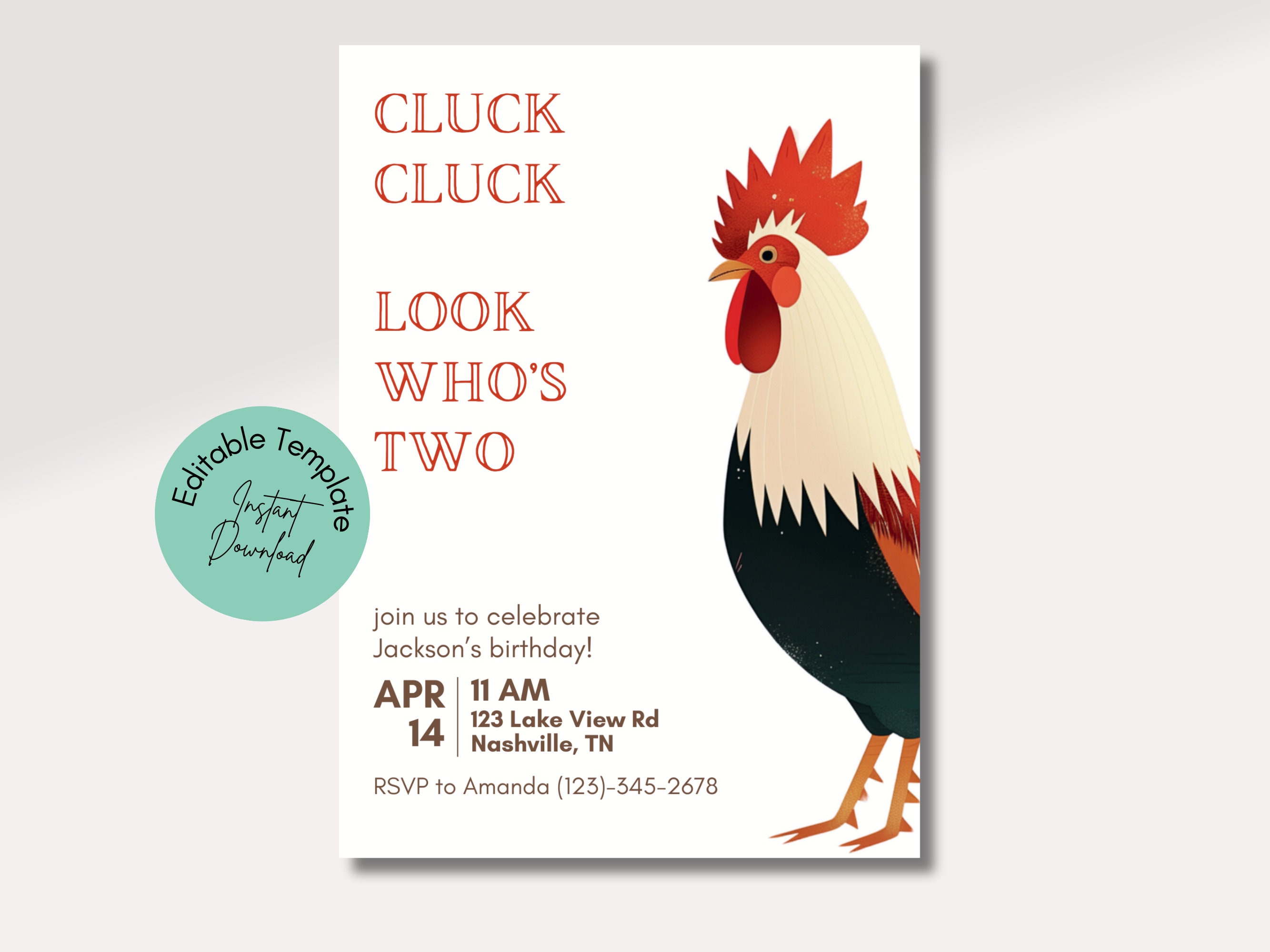 Rooster Birthday Invitation, Minimalist Rooster Birthday Party ...