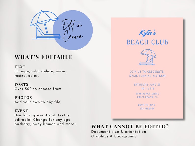 Chic Beach Birthday Invitation, Beach Club Party Invite, Pool Party ...