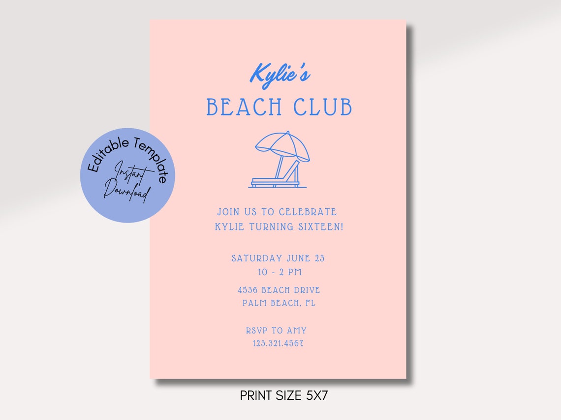 Chic Beach Birthday Invitation, Beach Club Party Invite, Pool Party ...