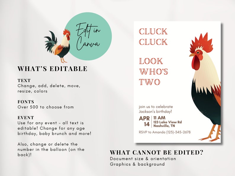 Rooster Birthday Invitation, Minimalist Rooster Birthday Party ...