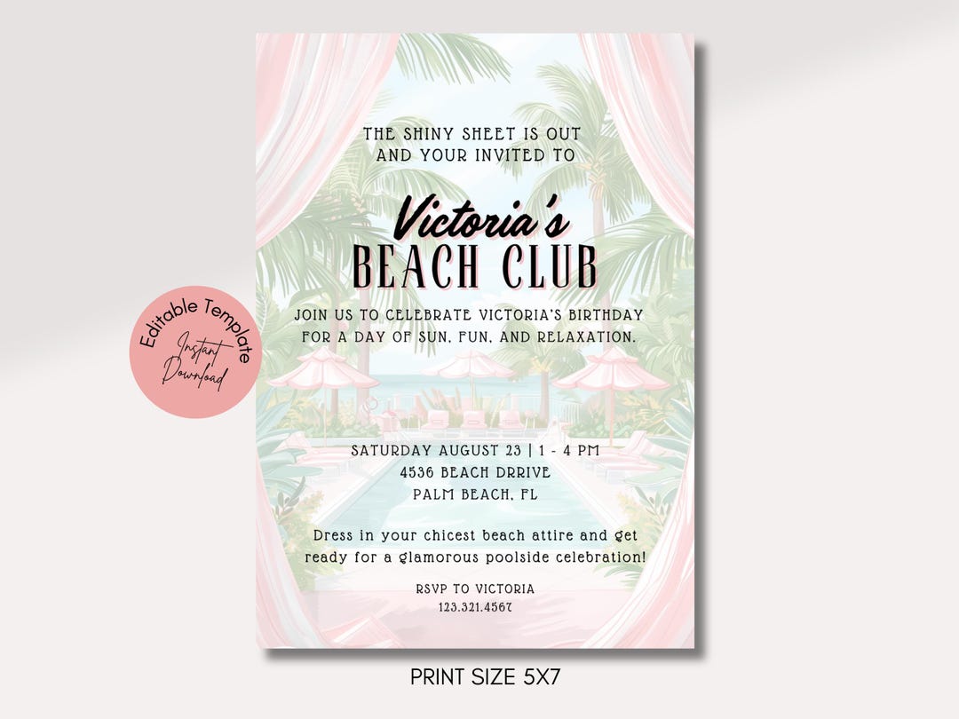 Palm Royale Birthday Invitation, Palm Beach Party Invite, Beach Club ...