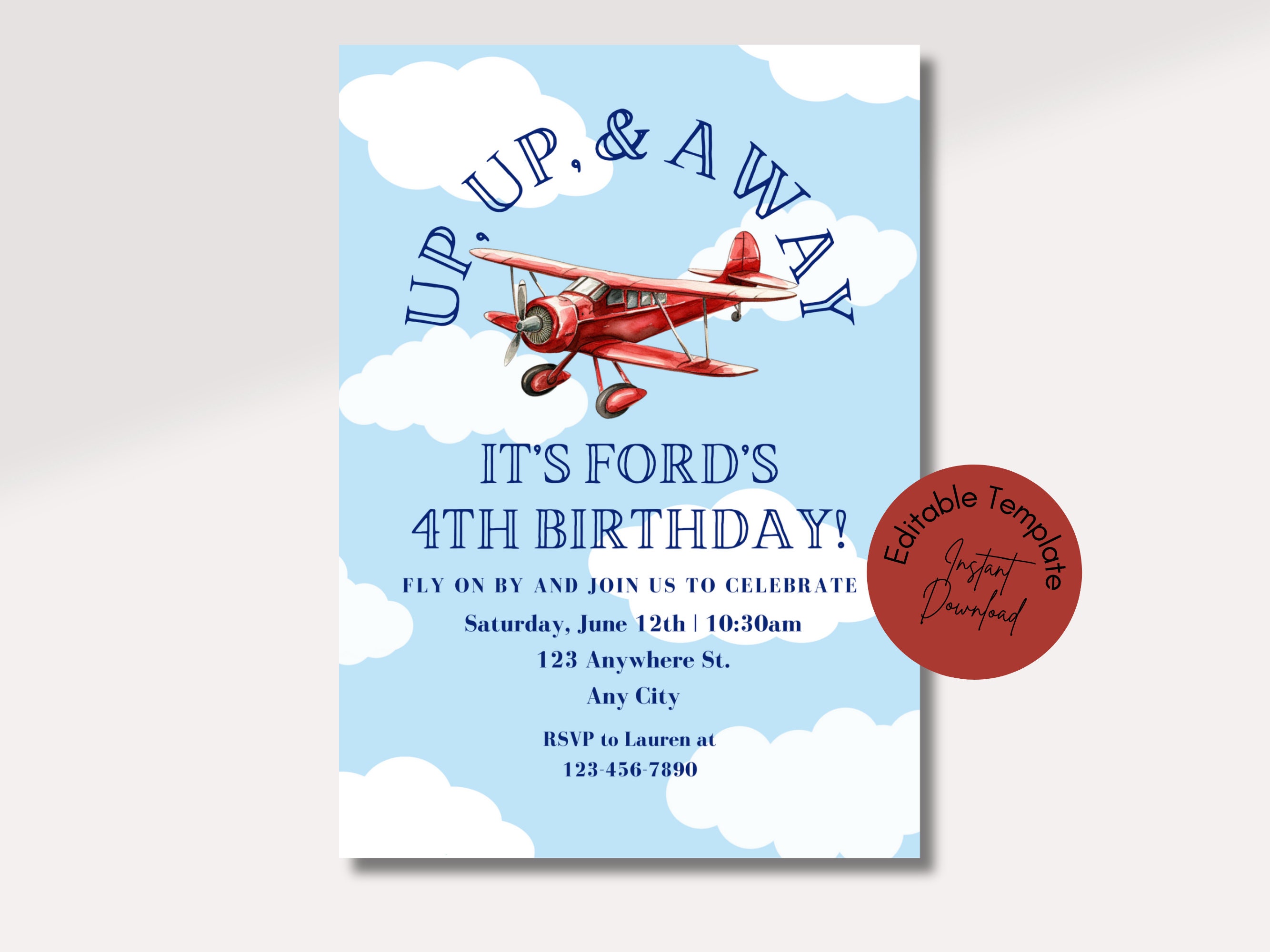 Airplane Birthday Invitation, Editable Retro Biplane Birthday Invites ...