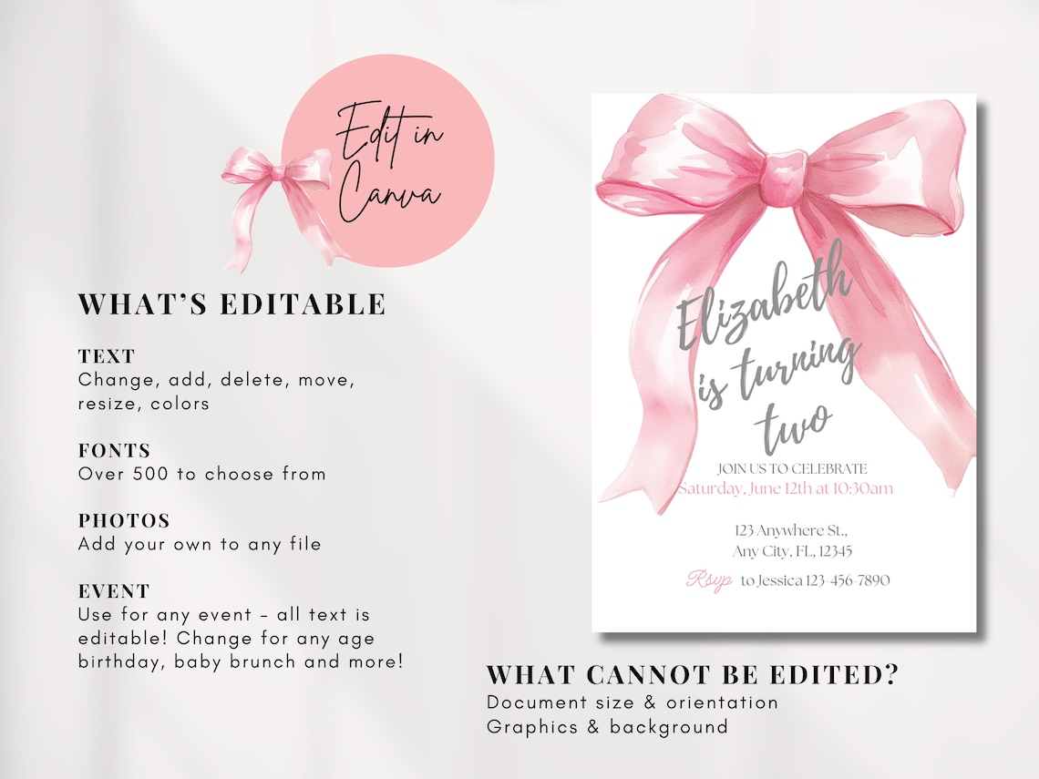 Pink Bow Birthday Invitation Template, Watercolor Bow Pink Girly ...