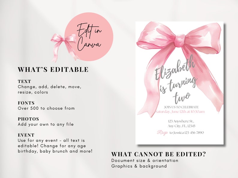 Pink Bow Birthday Invitation Template, Watercolor Bow Pink Girly ...