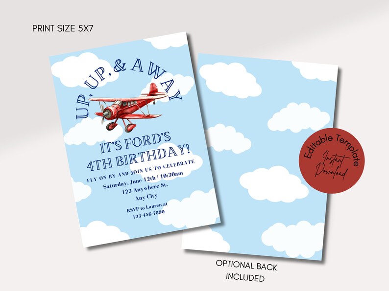 Airplane Birthday Invitation, Editable Retro Biplane Birthday Invites ...