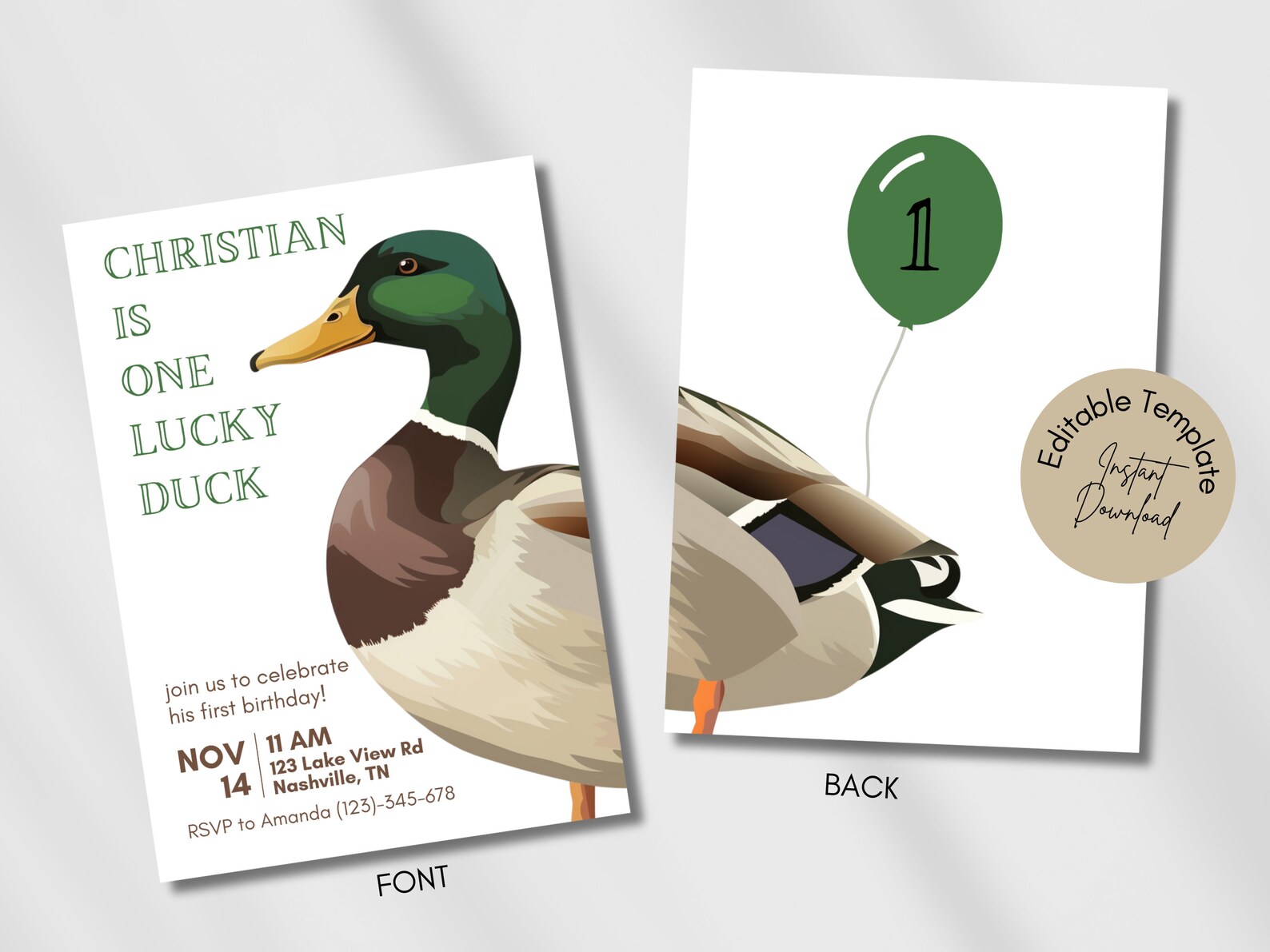 One Lucky Duck Birthday Invite, Mallard Duck Invitation, Lucky Duck ...