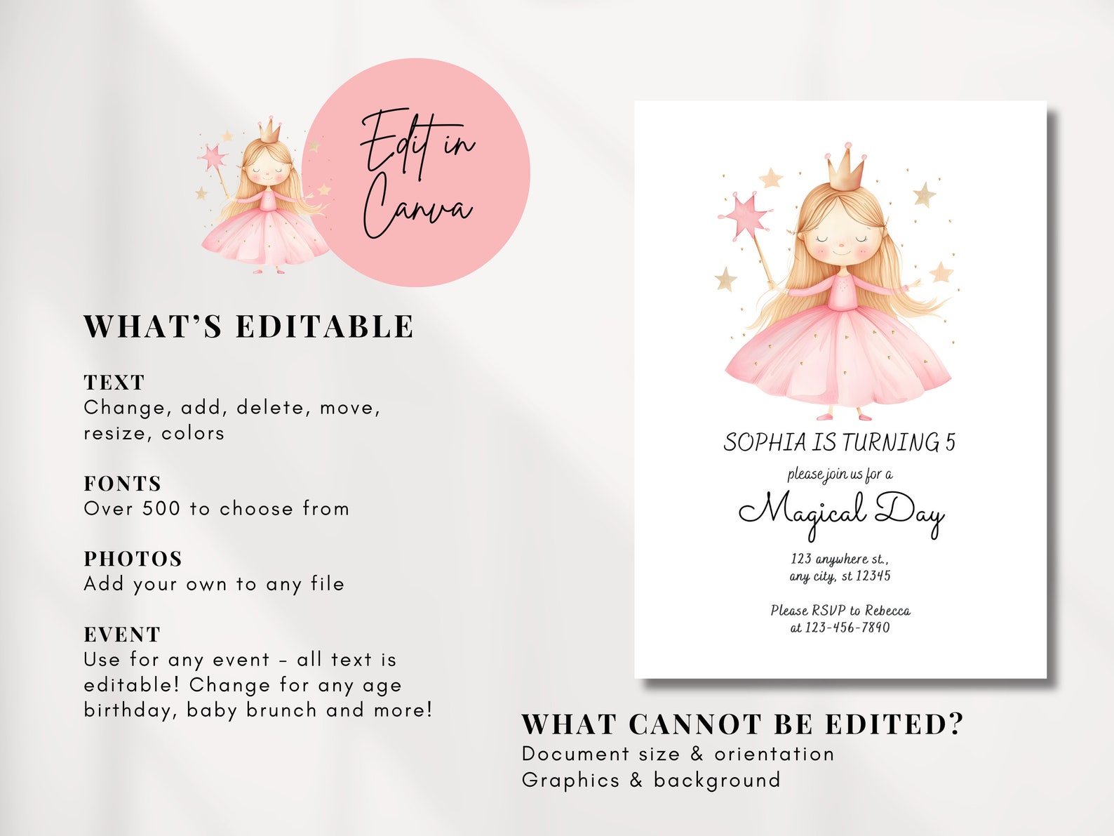 Princess Birthday Invitation, Pink Princess Birthday Party Invite ...
