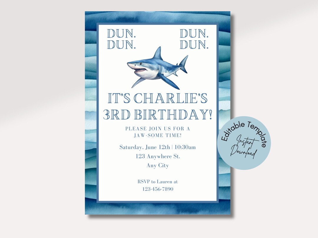 Shark Birthday Invitation, Shark Party Invitations, Shark Theme ...