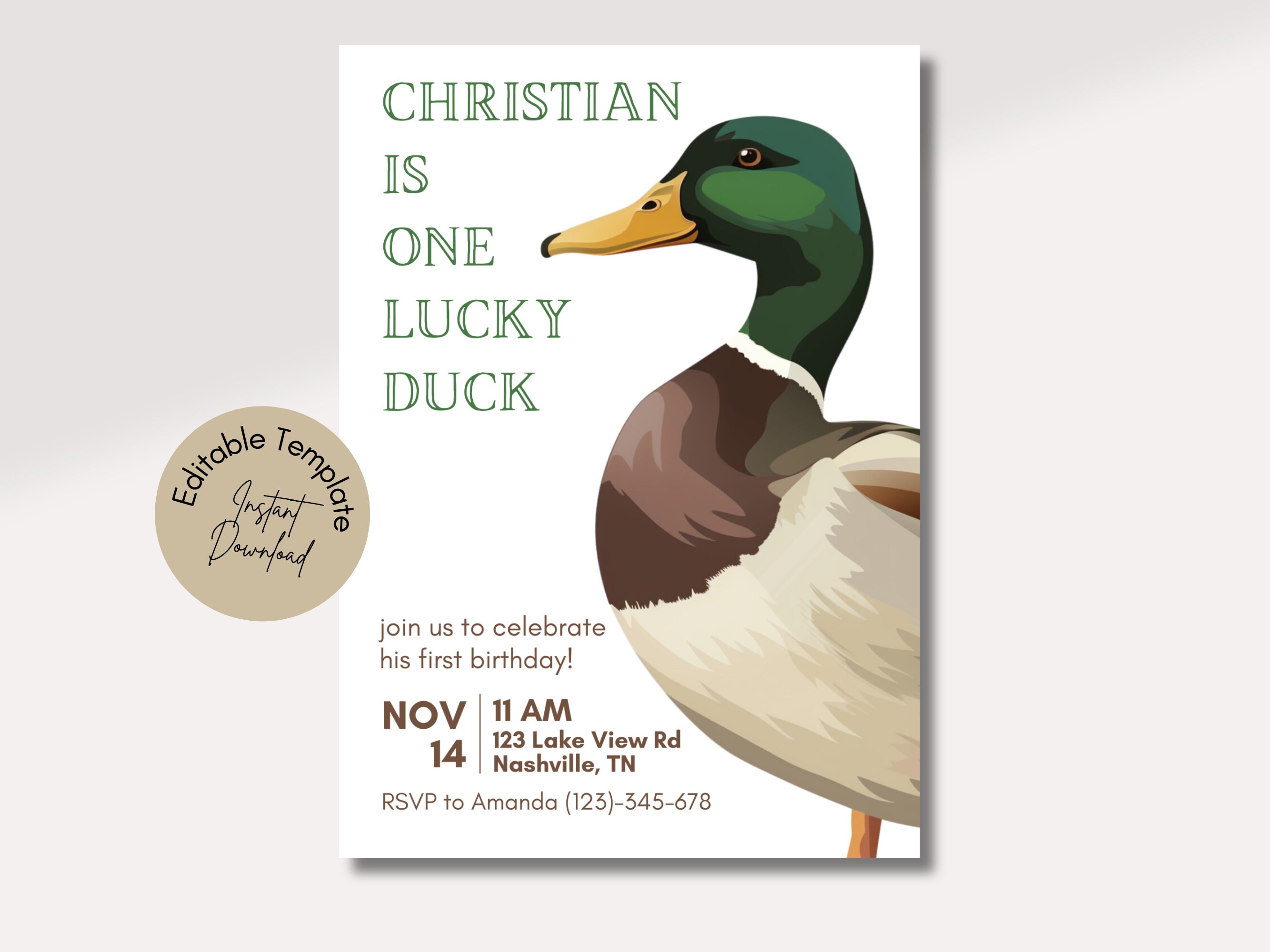 One Lucky Duck Birthday Invite, Mallard Duck Invitation, Lucky Duck ...