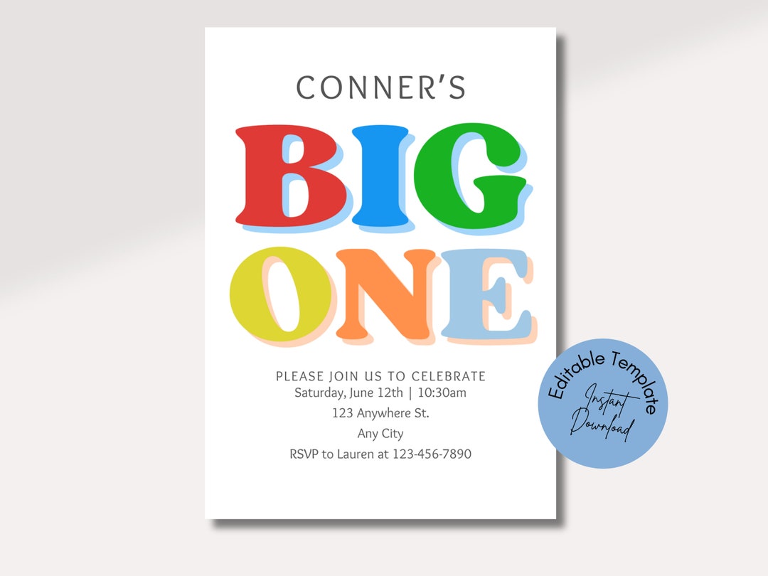 Big ONE First Birthday Invitation, Colorful Invitation, One is Fun ...