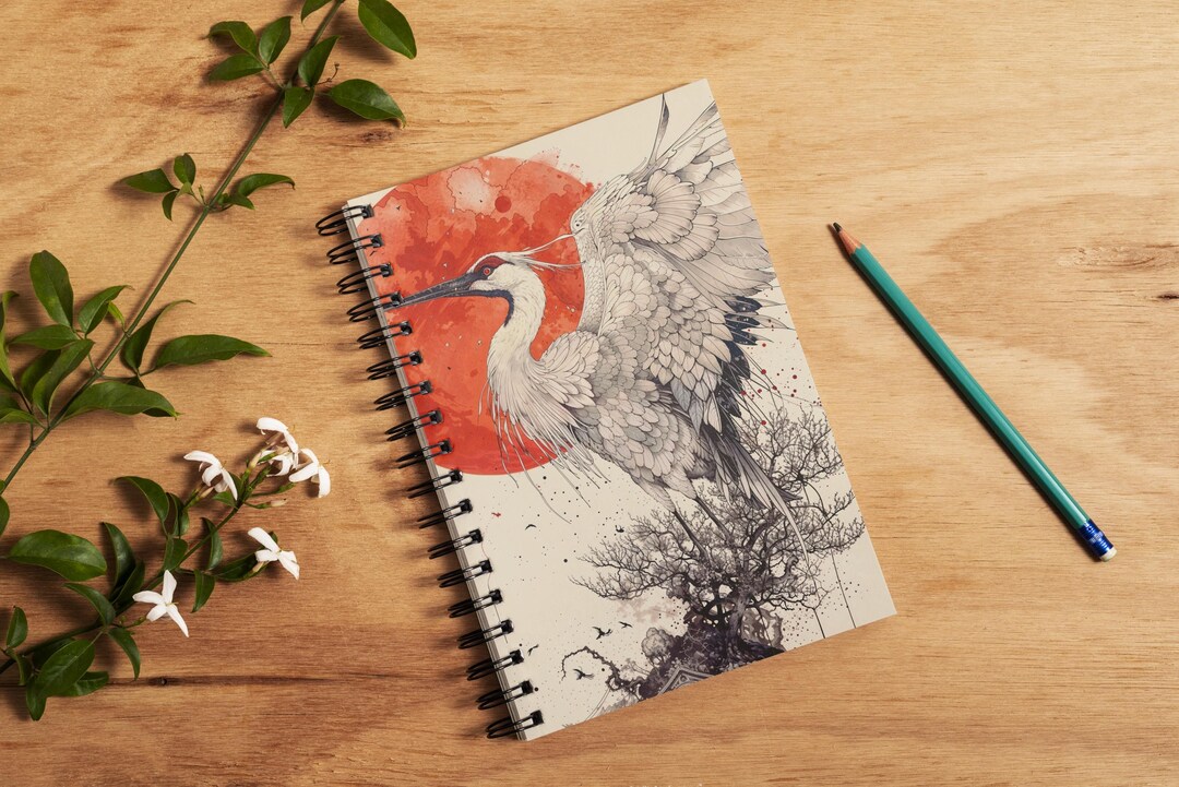Japanese Art Journal, Red Sun Notebook, Spiral Majestic Crane Journal ...
