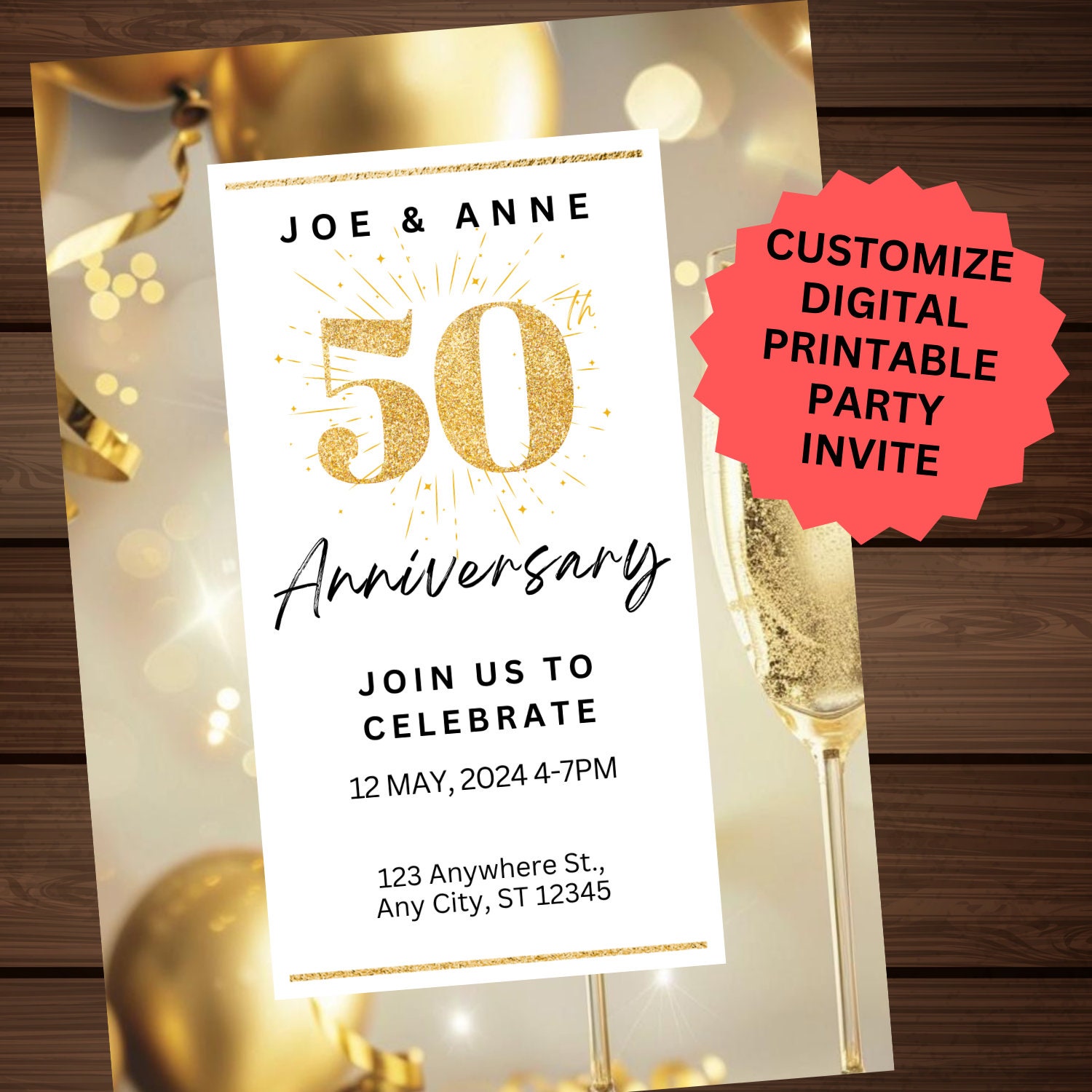 50th Wedding Anniversary Invitation Customizable. Gold and Sparkling ...