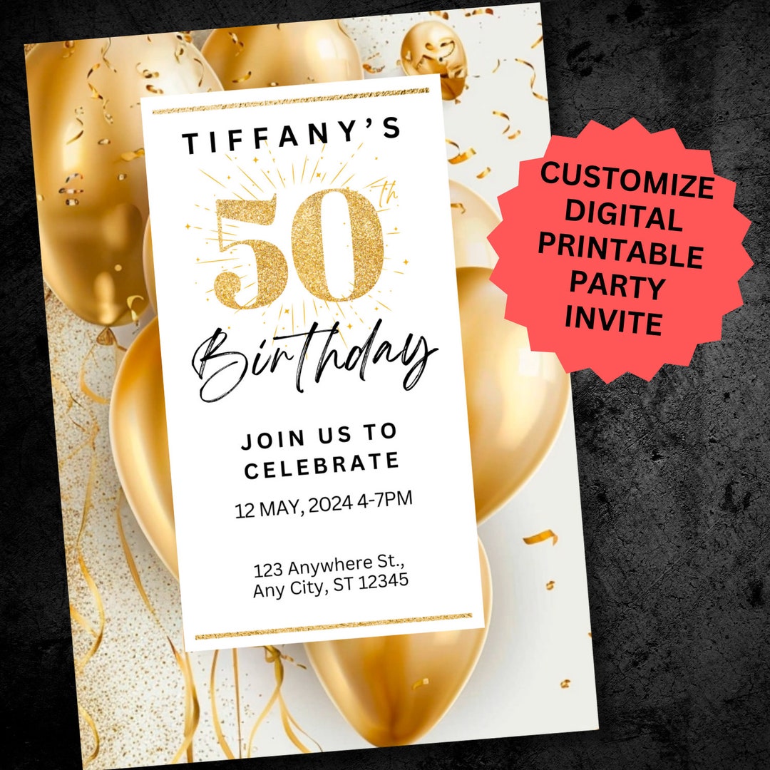 50th Birthday Party Invitation. Customizable 50th Gold Balloon Birthday ...