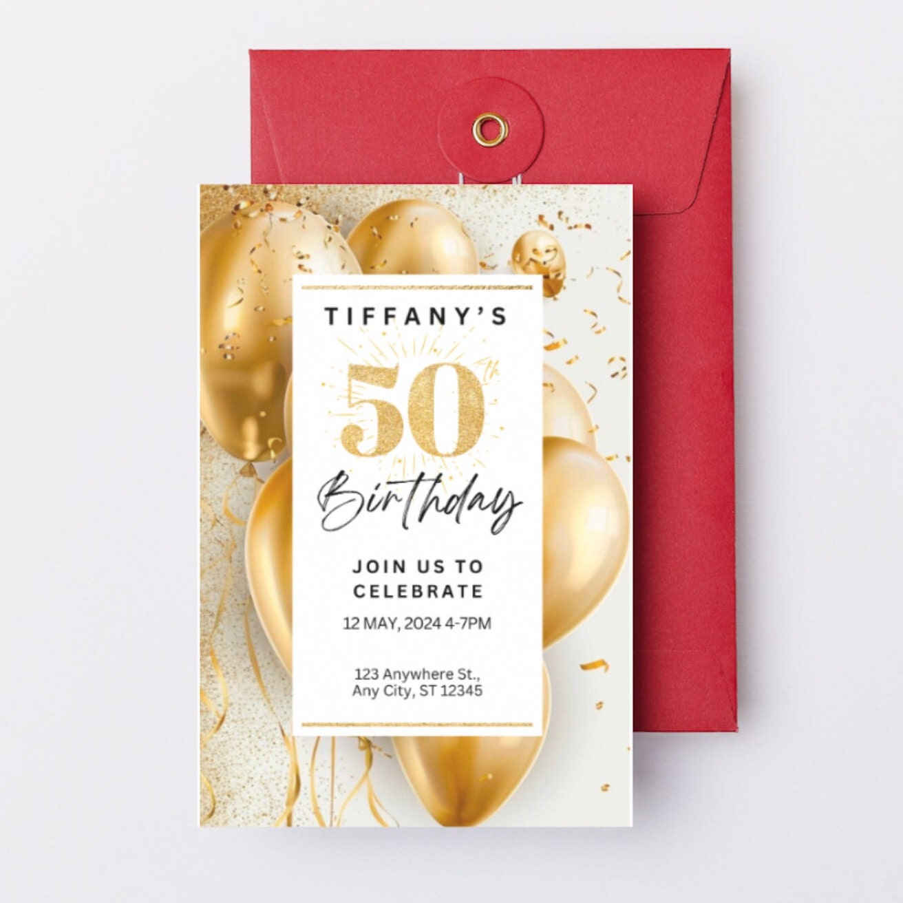 50th Birthday Party Invitation. Customizable 50th Gold Balloon Birthday ...