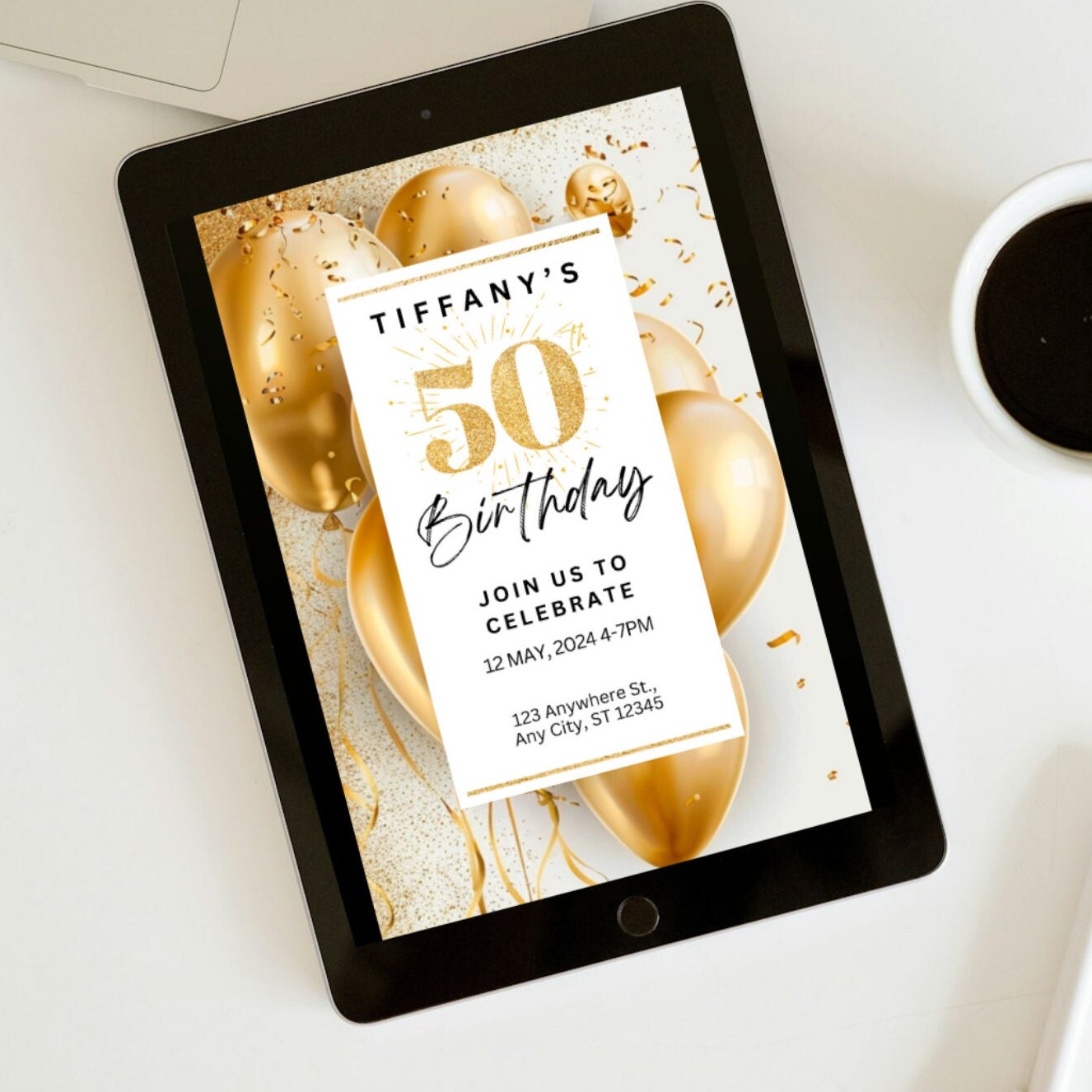 50th Birthday Party Invitation. Customizable 50th Gold Balloon Birthday ...