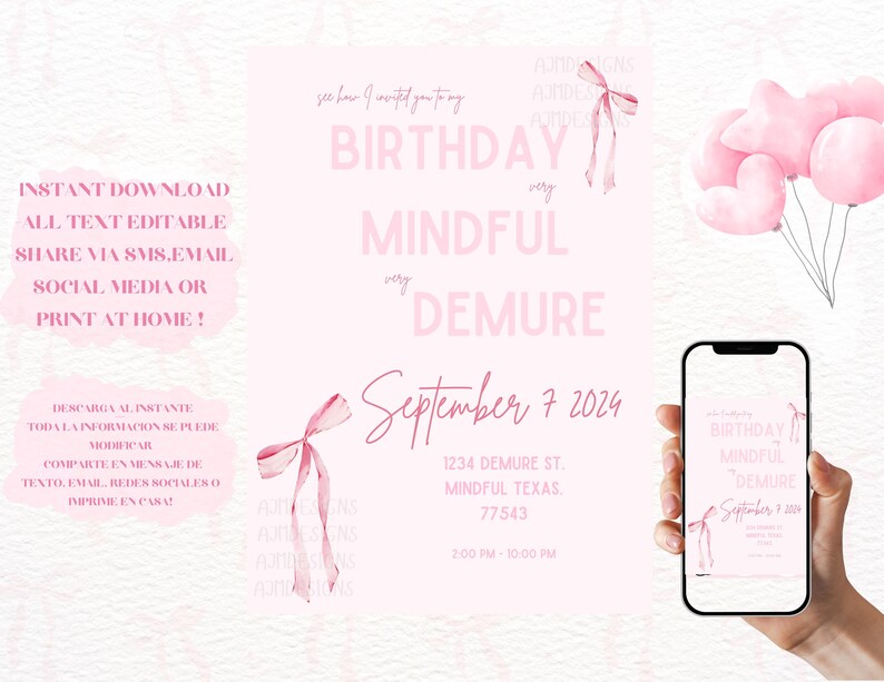 Very Demure Very Editable Invitation Coquette Birthday Party Digital ...