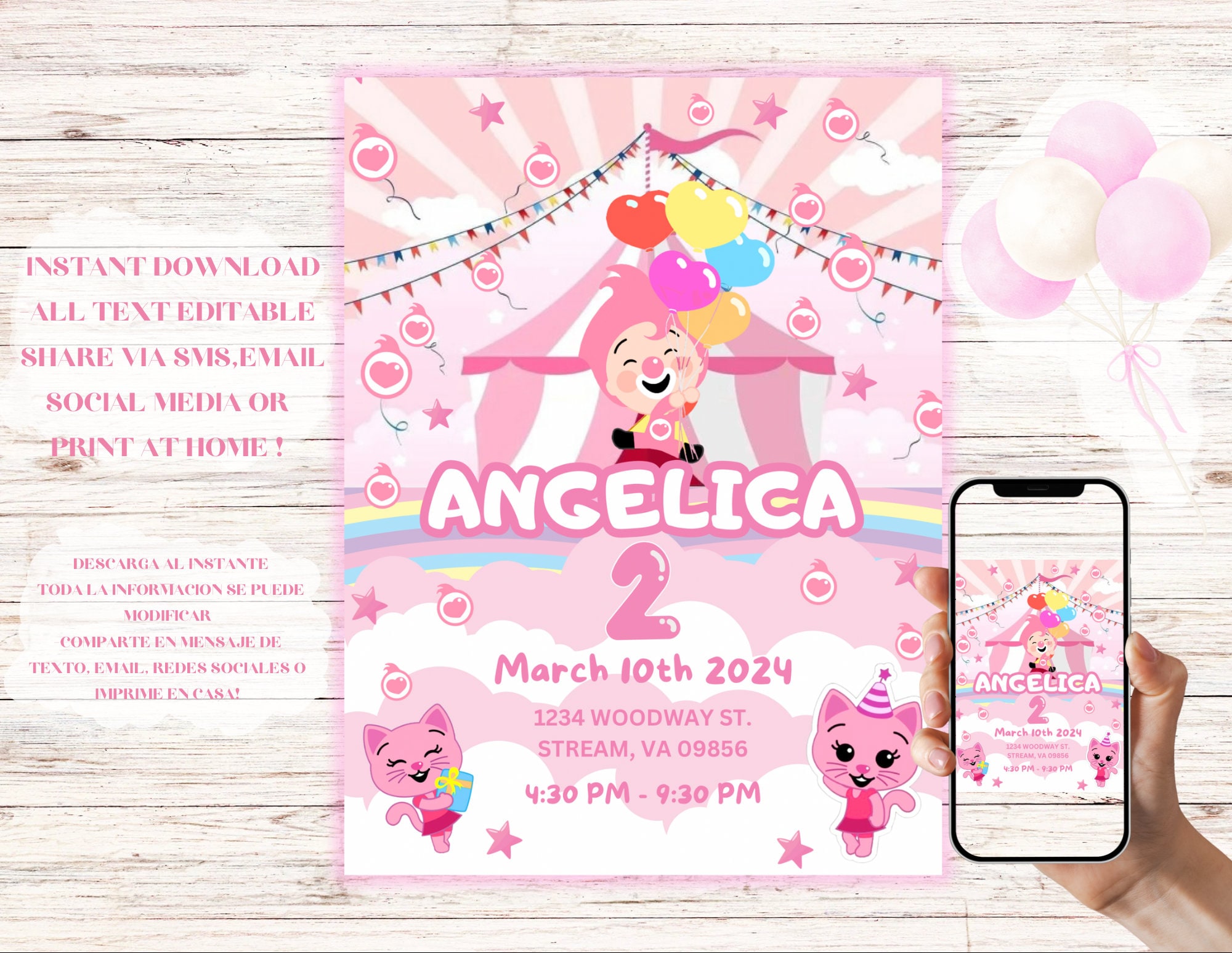 Plin Plin Circo, Invitacion De Cumpleaños Plin Plin, Birthday Invitation Plin Plin Digital Pink ...