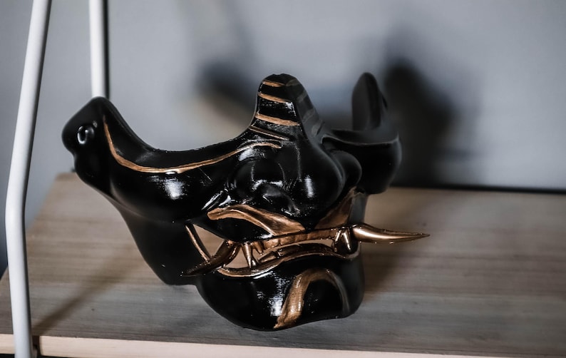 3D Printed Oni Mask: Japanese Samurai Mempo Mask, Black & Gold Cosplay ...