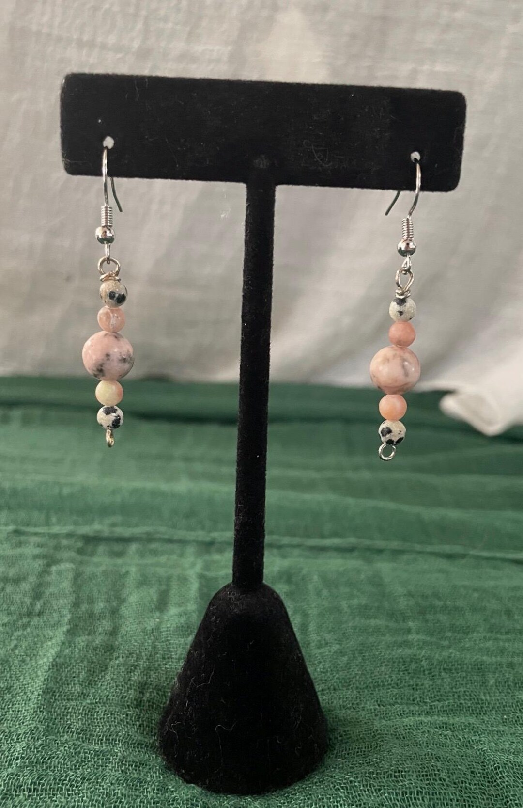 Natural Zebra Jade & Dalmatian Jasper Earrings With Pink Frosted Beads ...